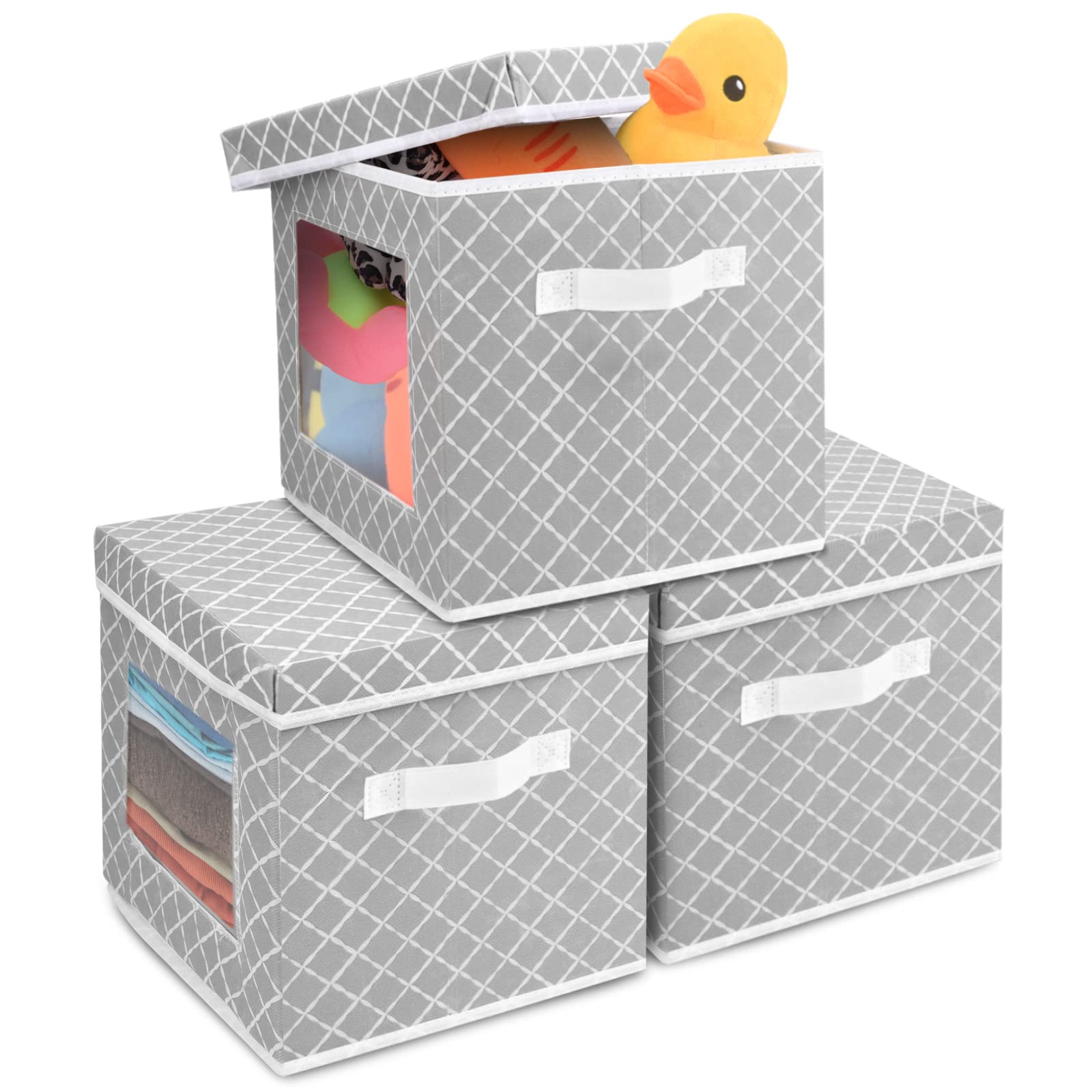 Keaxinty 13 inch Fabric Bin with Lid, 3 Pack of Cube Storage Bins, Foldable Organizer to Store Toys,Towels,Clothes,Books in Home, Shelves,Bedroom,Office