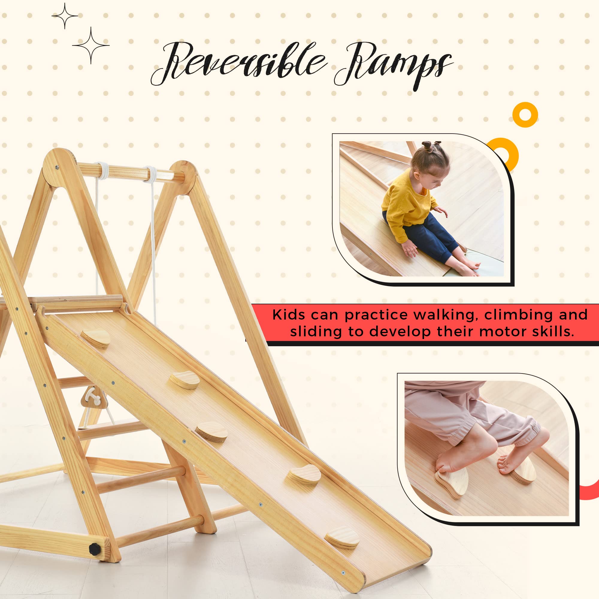 Merax 7-in-1 Swedish Ladder, Multifunctional Wall Bar for Kids, Indoor Climbing, Slide, Swing, for Toddlers 3+