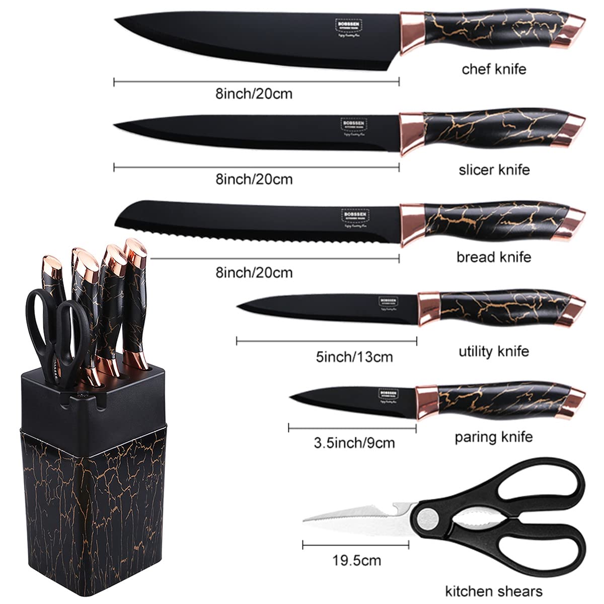 Kitchen Knife Set, 7-Piece Knife Block Set with Block Self Sharpening, High Carbon Stainless Steel Cooking Chef Knife Set Black Nonstick Coating & Ergonomic Handle