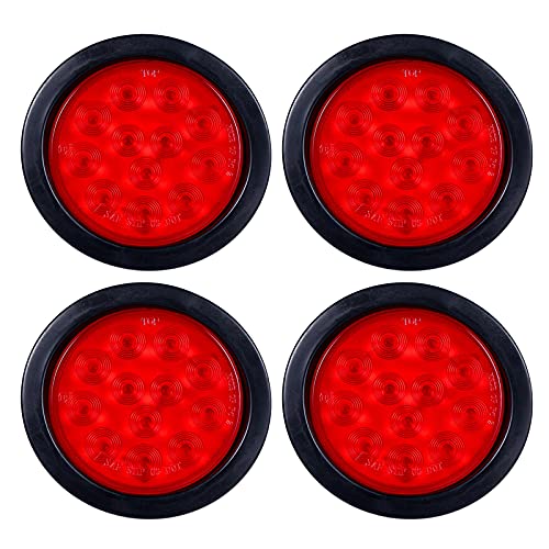 MCRESOAR 4Pcs 4 Inch Round Led Trailer Tail Lights Red 12 LED Waterproof Brake Stop Turn Tail Marker Lights Sealed Flush Mount for Truck Trailer RV Grommet and Plug Included