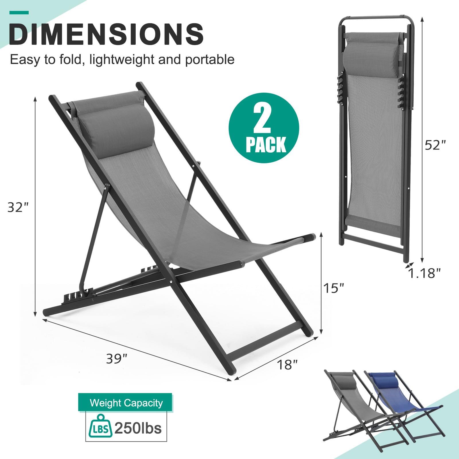 Menkxi 2 Pcs Patio Sling Chairs Outdoor Folding Poolside Chair with Pillow Adjustable 5 Levels Reclining Chairs Portable Beach Chairs Waterproof Breathable Mesh Aluminum Frame for Deck (Navy Blue)