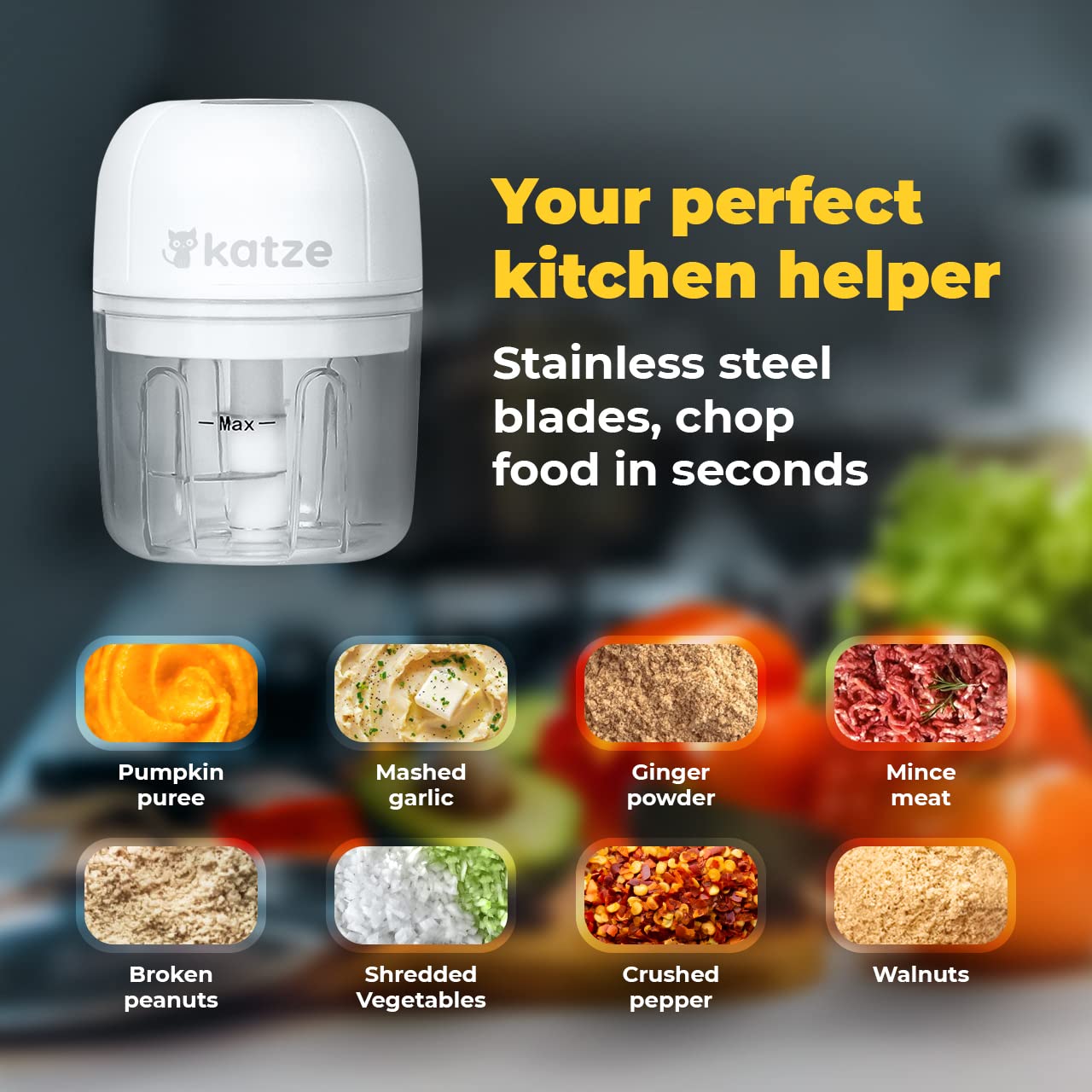 KATZE Electric Mini Food Chopper β Small Processor For Garlic, Onion, Vegetables, Fruit Salad, Dicing & Puree β Mincer For Kitchen (White, 250 ml + 100 ml)