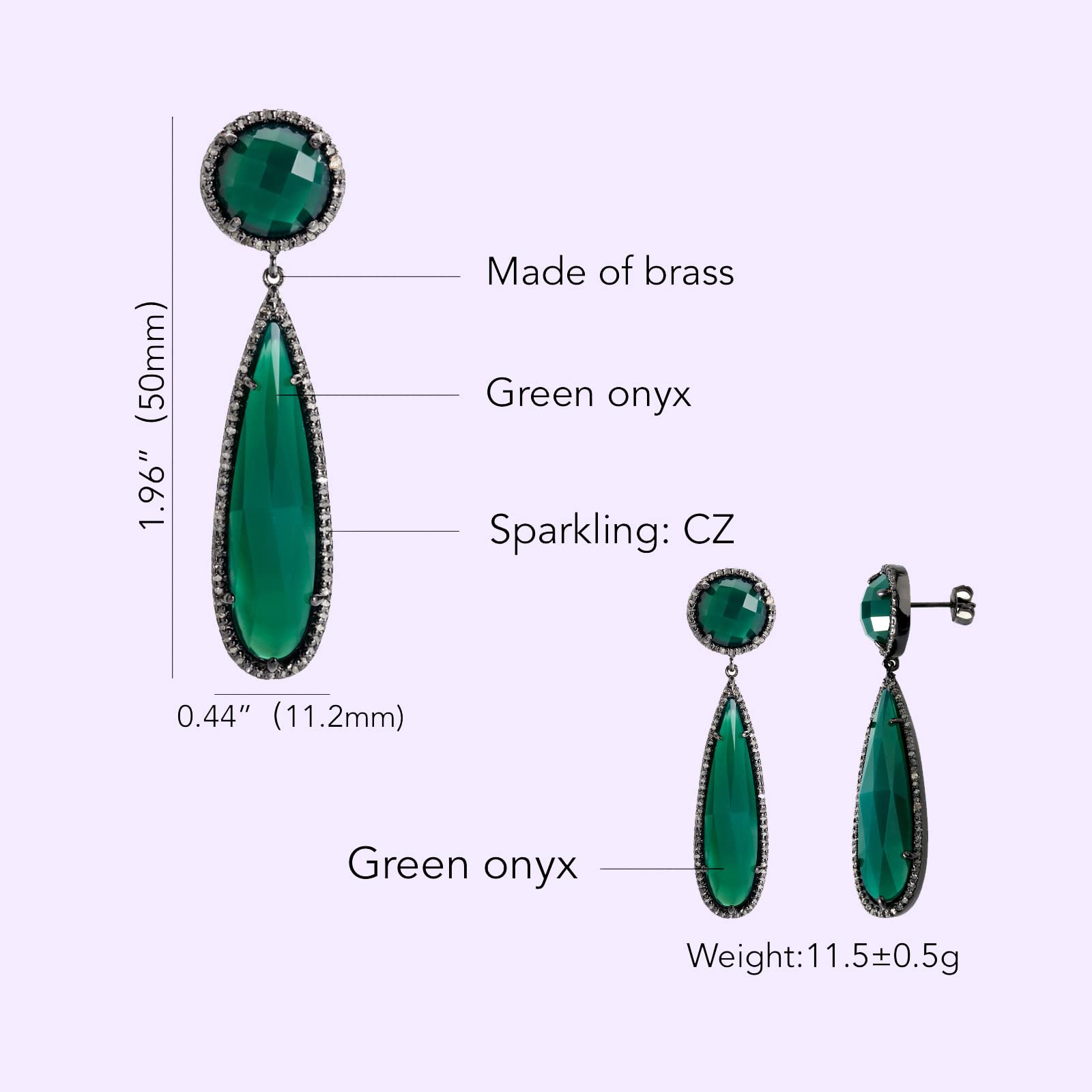 Jupiter Teardrop Green Agate Earrings,Black Ruthenium Plated Genuine Gemstone Waterdrop Earrings with Cubic Zirconia for Woman, Brass, green agate