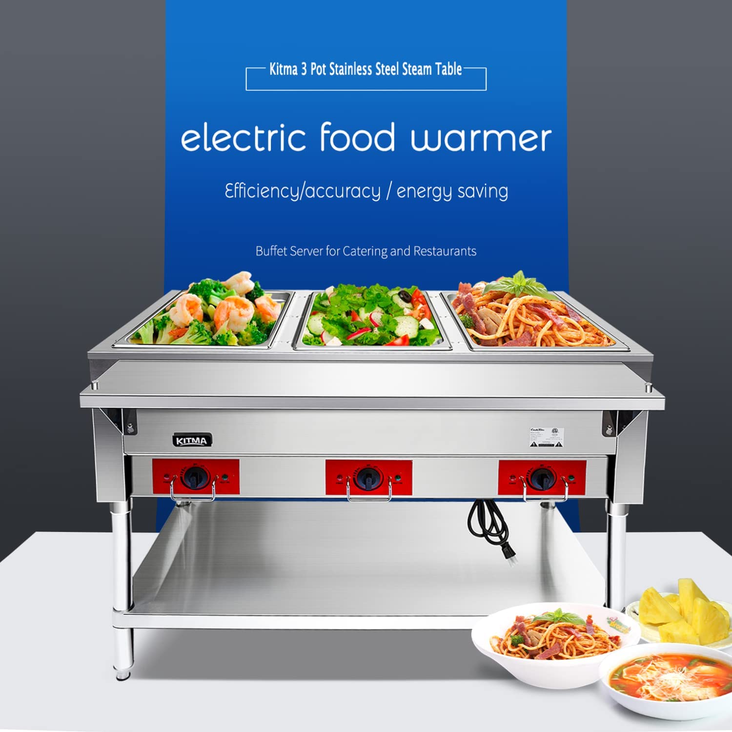 KITMA 3 Bay Steam Table - Open Well Commercial Electric Food Warmer, 120V, Full Size