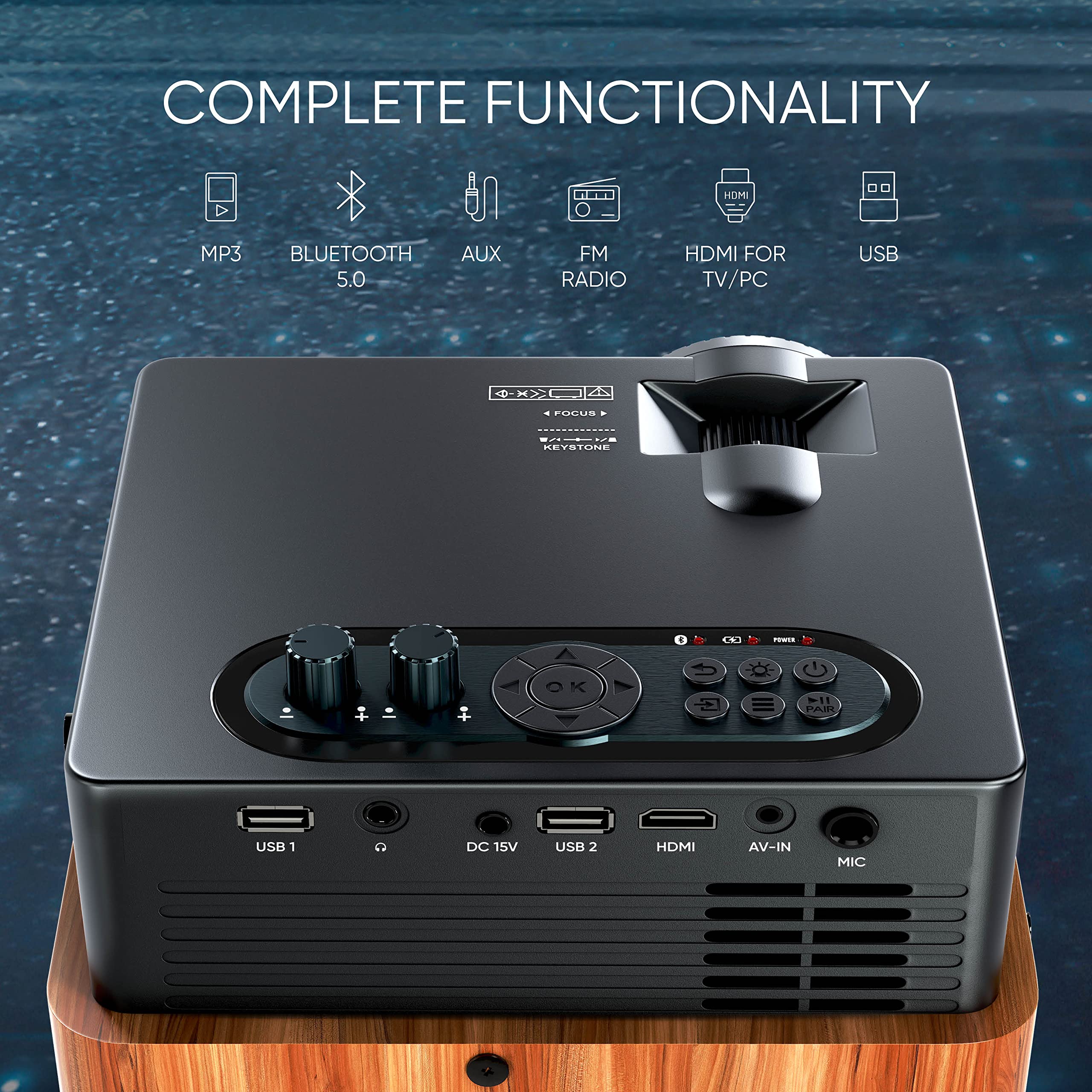 MASINGO New 2022 4-in-1 Portable Karaoke Machine with Smart 1080p Projector with WiFi, Speakers & 2 Wireless Microphones. Built-in Android System for Lyrics Display Apps, Netflix, YouTube, etc. - Q4