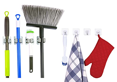 Ideas In Life 8 Piece Mop and Broom Organizer Utility Hook Set - Closet Organizer Holder for Cleaning Supplies Materials and Tools- Wall Mounted Rack with Hook Set Storage Solution