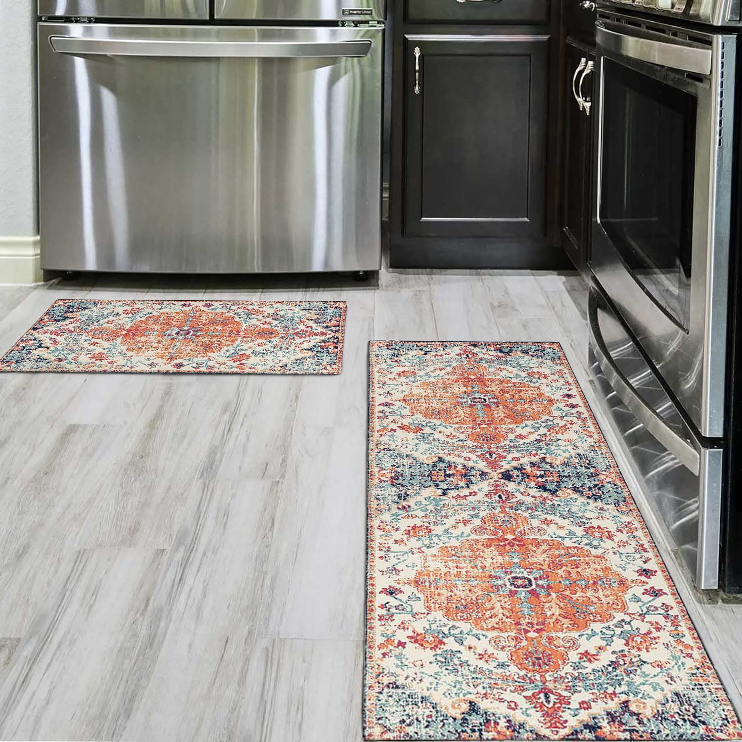 Ideasonna Boho Kitchen Rug Mat Country Rustic Farmhouse Kitchen Rugs Sets of 2 Washable Non-Slip Kitchen Floor Mats for in Front of Sink Boho Kitchen Decor