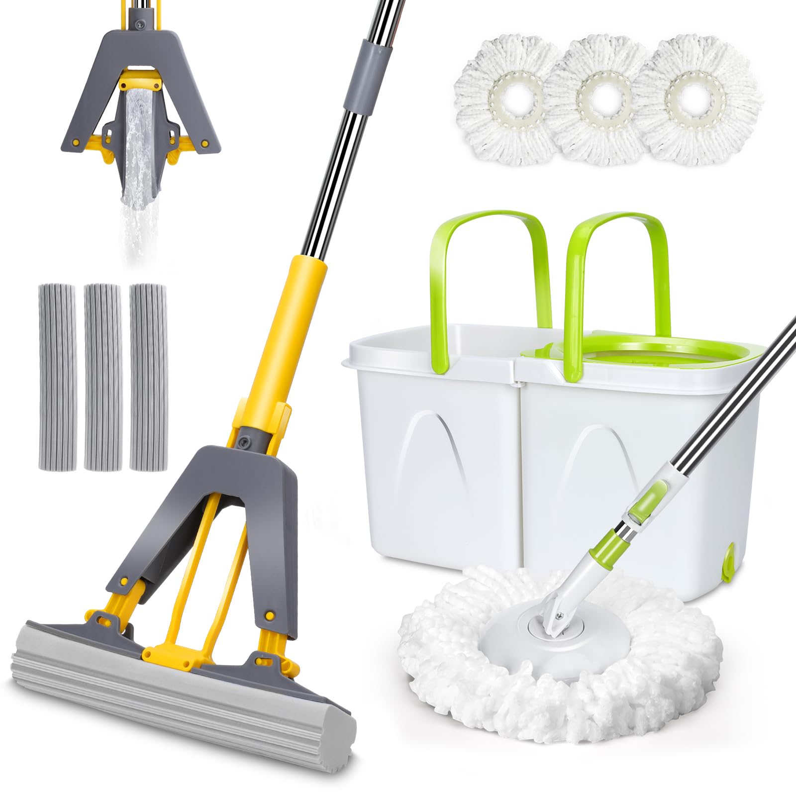Nolopau Sponge Mop and Spin Mop Bucket with Wringer Set for Floor Cleaning, Separate Clean and Dirty Water, Self Squeeze Sponge Mop for Home Commercial Use