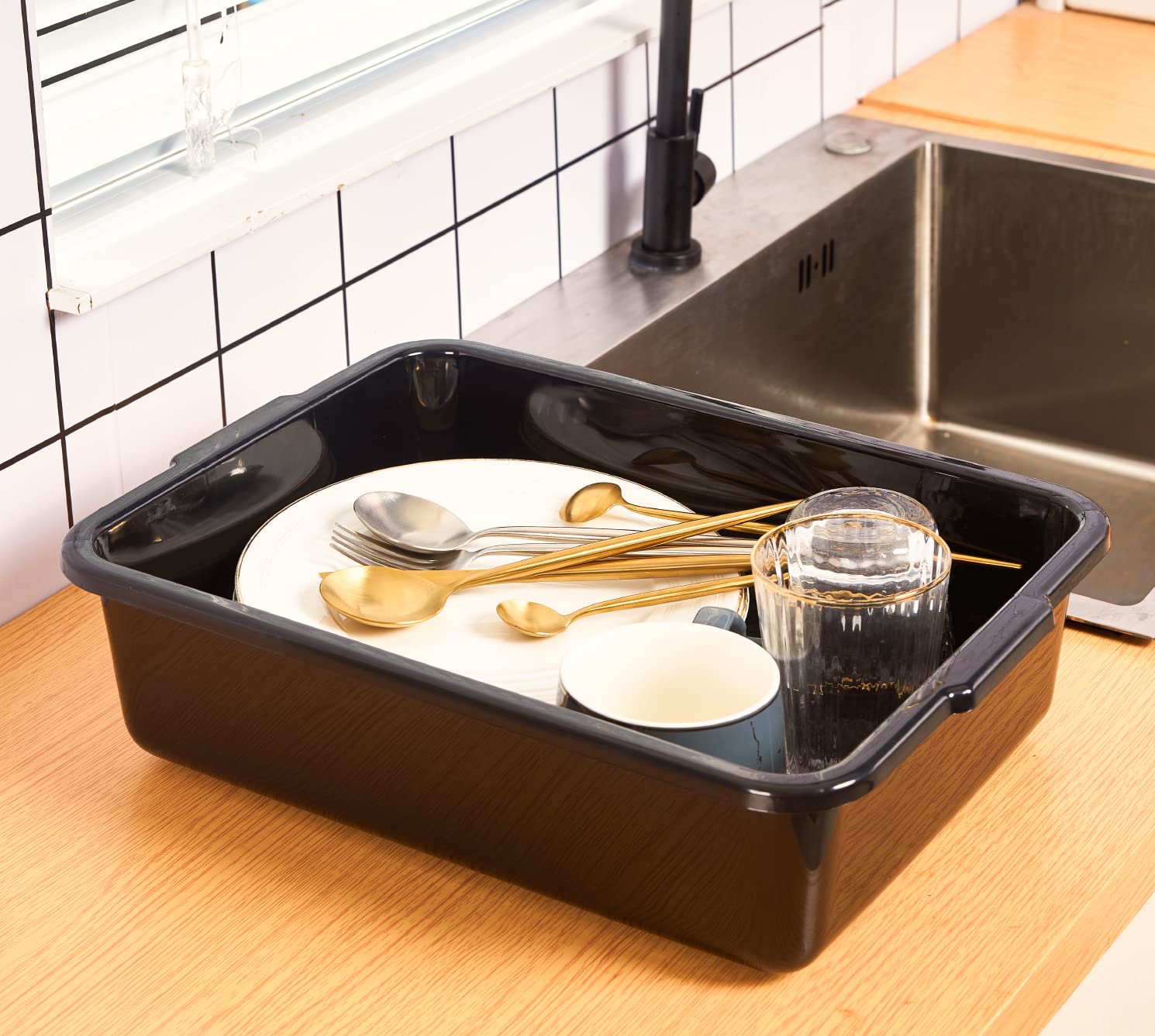 Krihan 5 Packs Black Plastic Bus Boxes, 8 L Utility Bus Box, Small Bus Tubs/Commercial Plastic Tubs