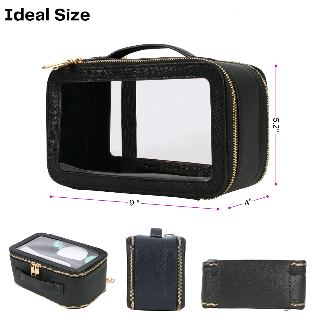 LUXLINE Clear Makeup Bag | TSA Approved Travel Toiletry Bag and Cosmetic Bag | Waterproof and Durable Makeup Case with Two Compartments, Black, KS-CB-20121001