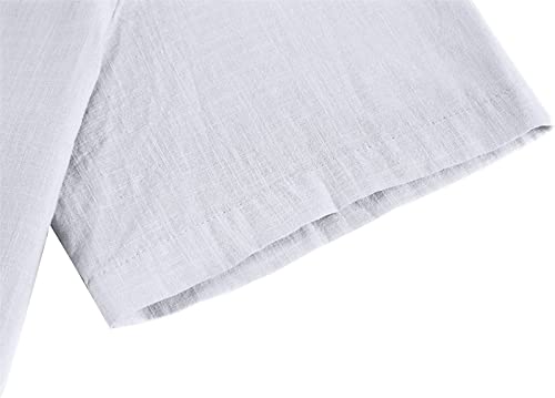 Men Cotton Linen Button Down Shirts Short Sleeve Summer Beach Tops Lightweight Casual V Neck Plain Holiday Shirt (White,Large)