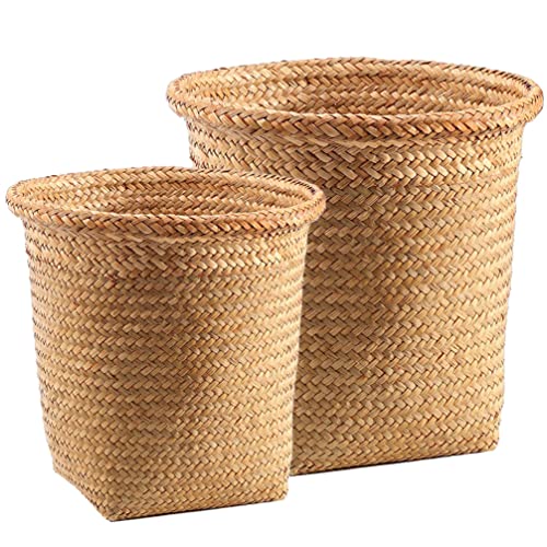NOLITOY 2pcs Seagrass Waste Basket Woven Trash Can Wicker Waste Paper Basket Round Garbage Container Bin Rattan Laundry Basket Plant Pot for Bedroom Bathroom Kitchen Home Office