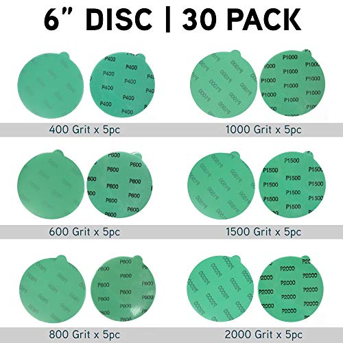 LotFancy 6 Inch PSA Sanding Discs with Tabs, 30PCS 400 600 800 1000 1500 2000 Grit Self Adhesive Wet Dry Green Film Sandpaper Assortment, Random Orbital Sander Fine Grit Sand Paper
