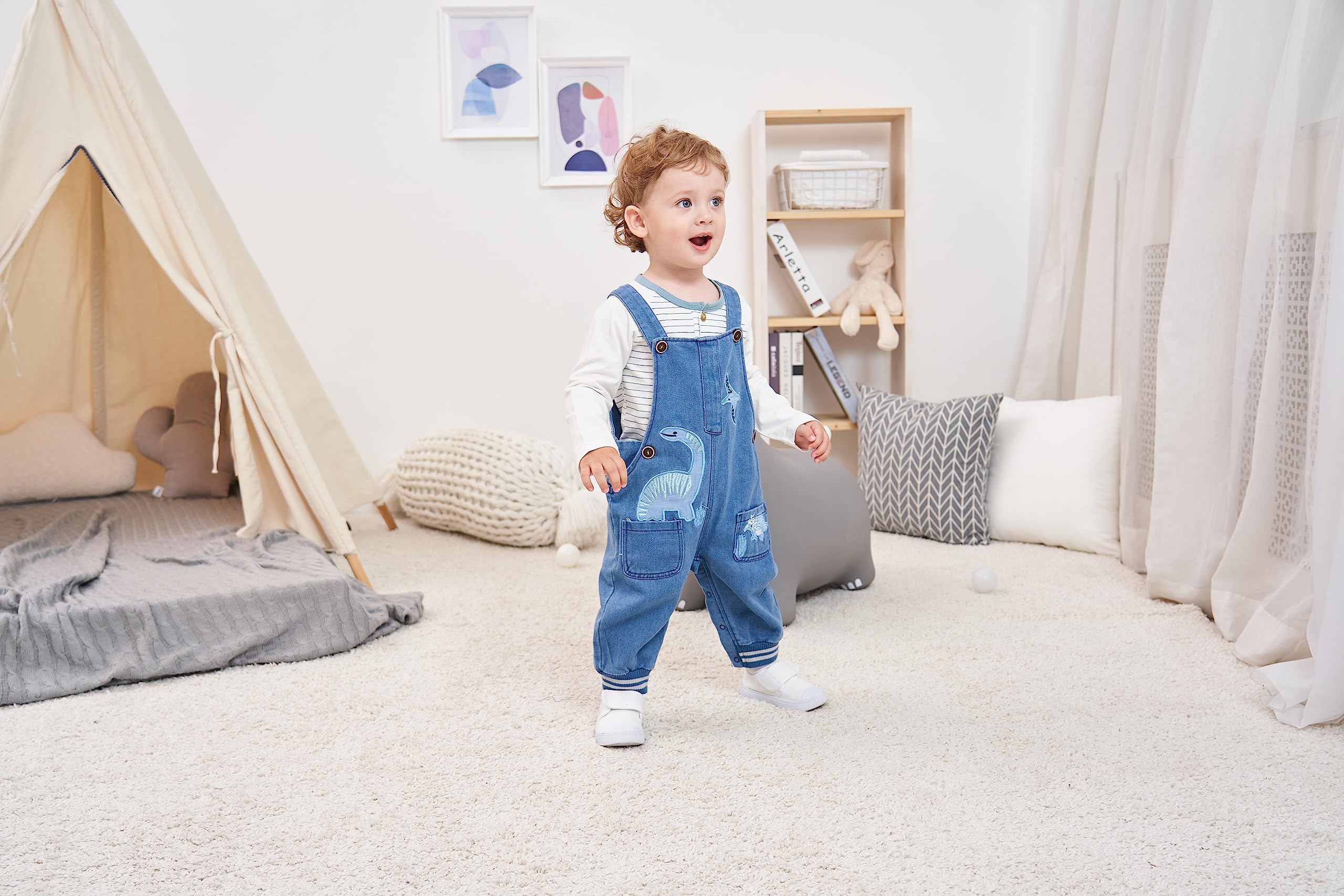 LvYinLi Baby Boy Clothes Set Infant Boy's Long Sleeve Romper+Dinosaur Denim Overalls Toddler Boys Fall Winter Outfits (Blue, 0-6 months)