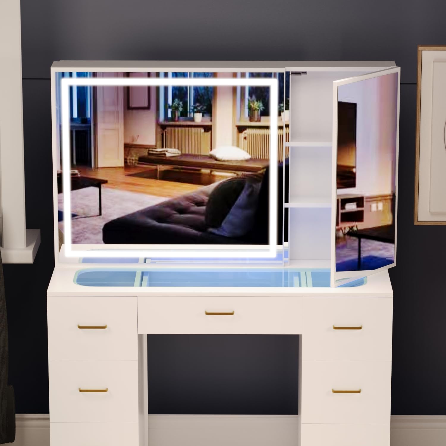 Jartoil Large Lighted Vanity Desk, 7 Drawers & Transparent Glass Tabletop, Adjustable Lighting - for Women, Girls (White-Glass Tabletop)