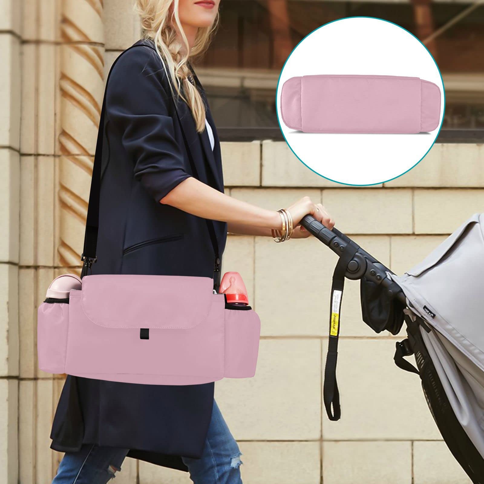 Kigai Azalea Pink Solid Baby Stroller Organizer with Cup Holders, Secure Hooks Accessories Adjustable Strap Stroller Bag for Bottle, Diaper, Phone, Toys, Baby Items