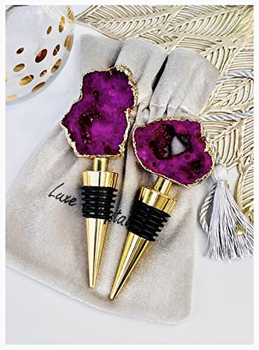 LUXE CRYSTAL CO. Handcrafted Purple Magenta Pink Agate Druzy Gold Natural Crystal Wine Champagne Stopper Handmade Bottle Barware Housewarming Bridal Shower (Pink)