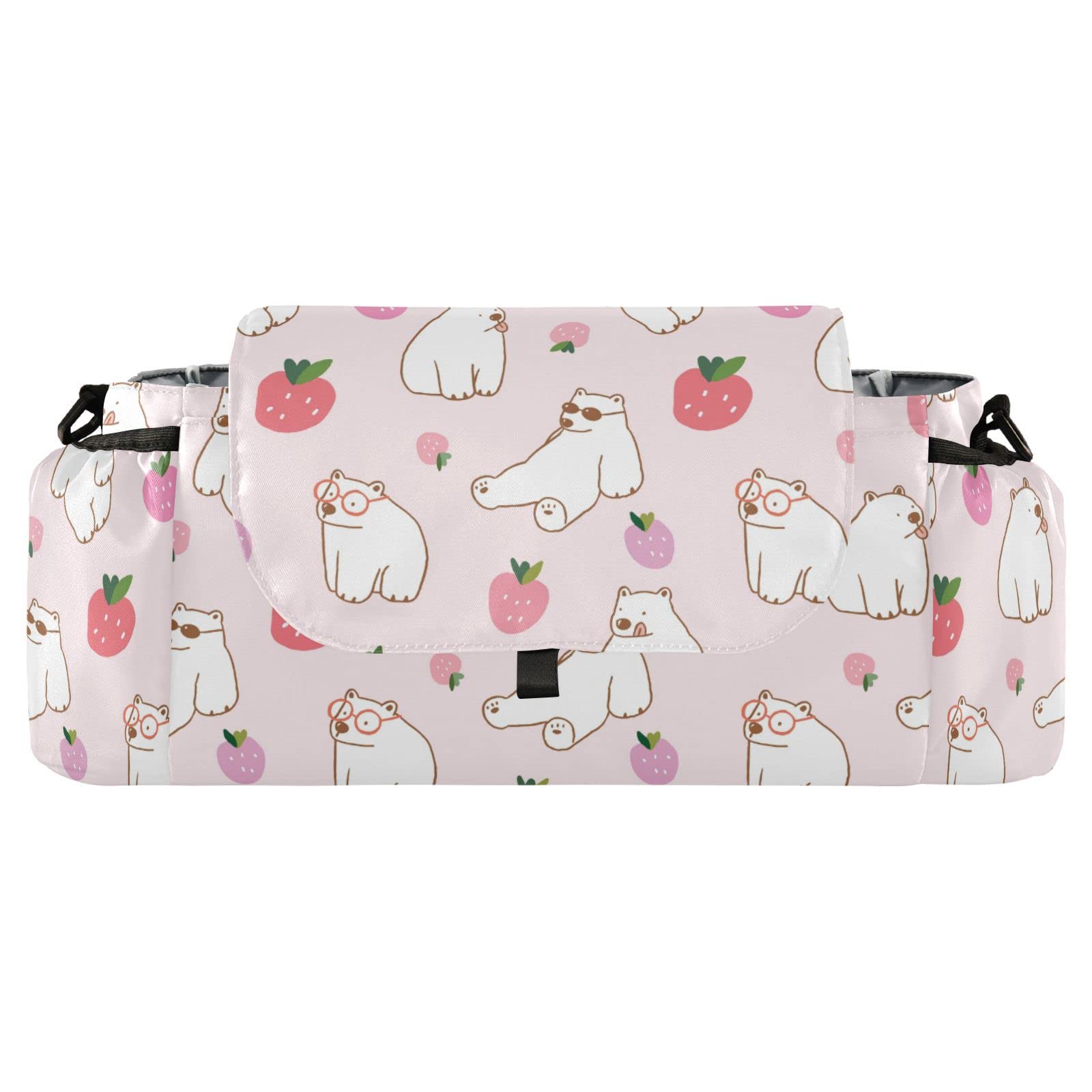 Kigai Cartoon White Bear Baby Stroller Organizer with Cup Holders, Secure Hooks Accessories Adjustable Strap Stroller Bag for Bottle, Diaper, Phone, Toys, Baby Items