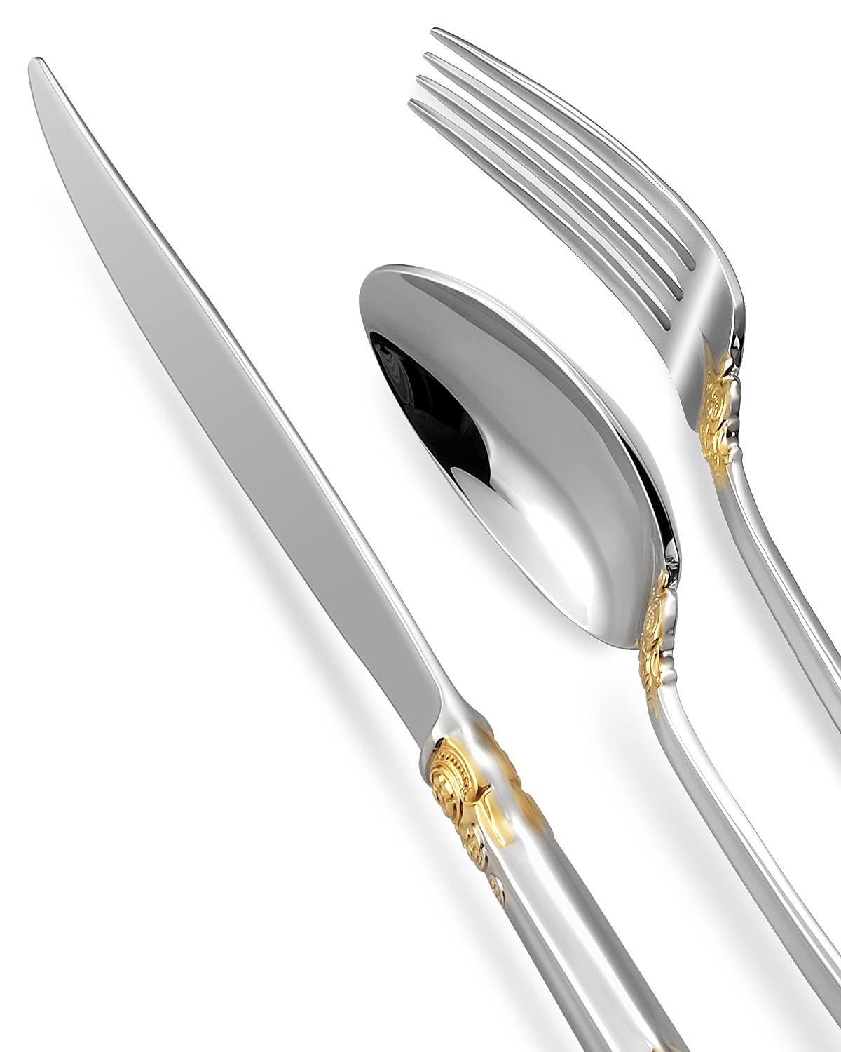 KEAWELL Luxury 20 Pieces 18/10 Stainless Steel Flatware set, Service for 4, silver plated with gold accents, Fine Silverware set and Dishwasher Safe (Gold Accent)