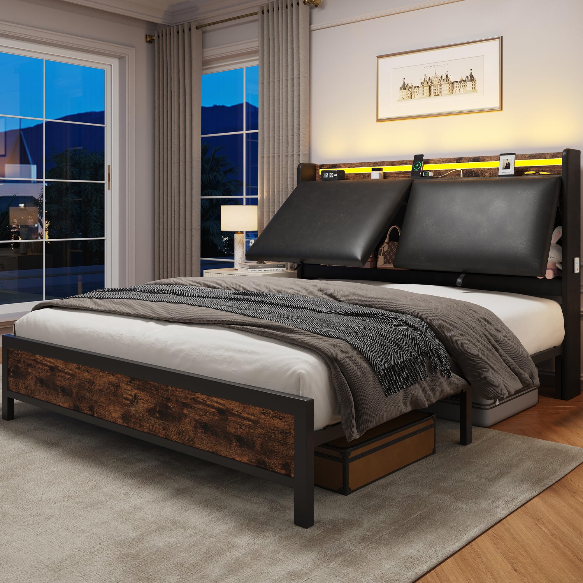Queen Size Bed Frame with Adjustable Ergonomic Hidden Storage Headboard, PU Leather Upholstered Metal Queen Bed Frame with Charging Station and LED Lights, Heavy Duty, No Box Spring Needed, Black