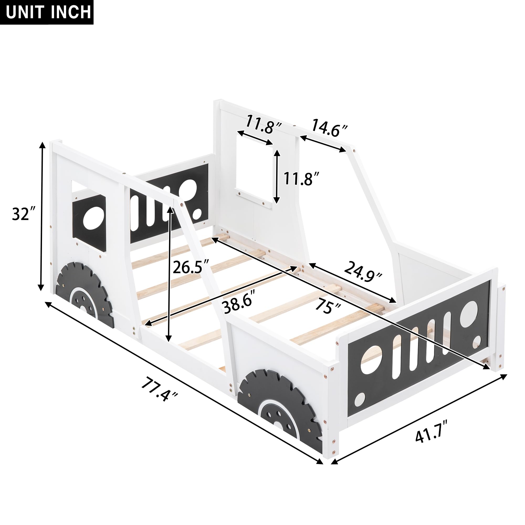 MERITLINE Twin Size Kids Floor Bed with Car-Shaped and Wheels, Wooden Twin Platform Bed Frames with Doors and Windows, Twin Car Bed with Slat Support for Kids Boys Girls, No Box Spring Needed, White