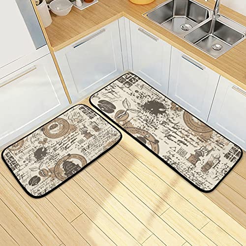 J JOYSAY Coffee Theme Symbol Retro Kitchen Rugs and Mat 2 Pieces Set Cushioned Anti Fatigue Kitchen Mat Non Slip Comfort Standing Mat Washable Farmhouse Decor for Kitchen Floor Home Office Laundry