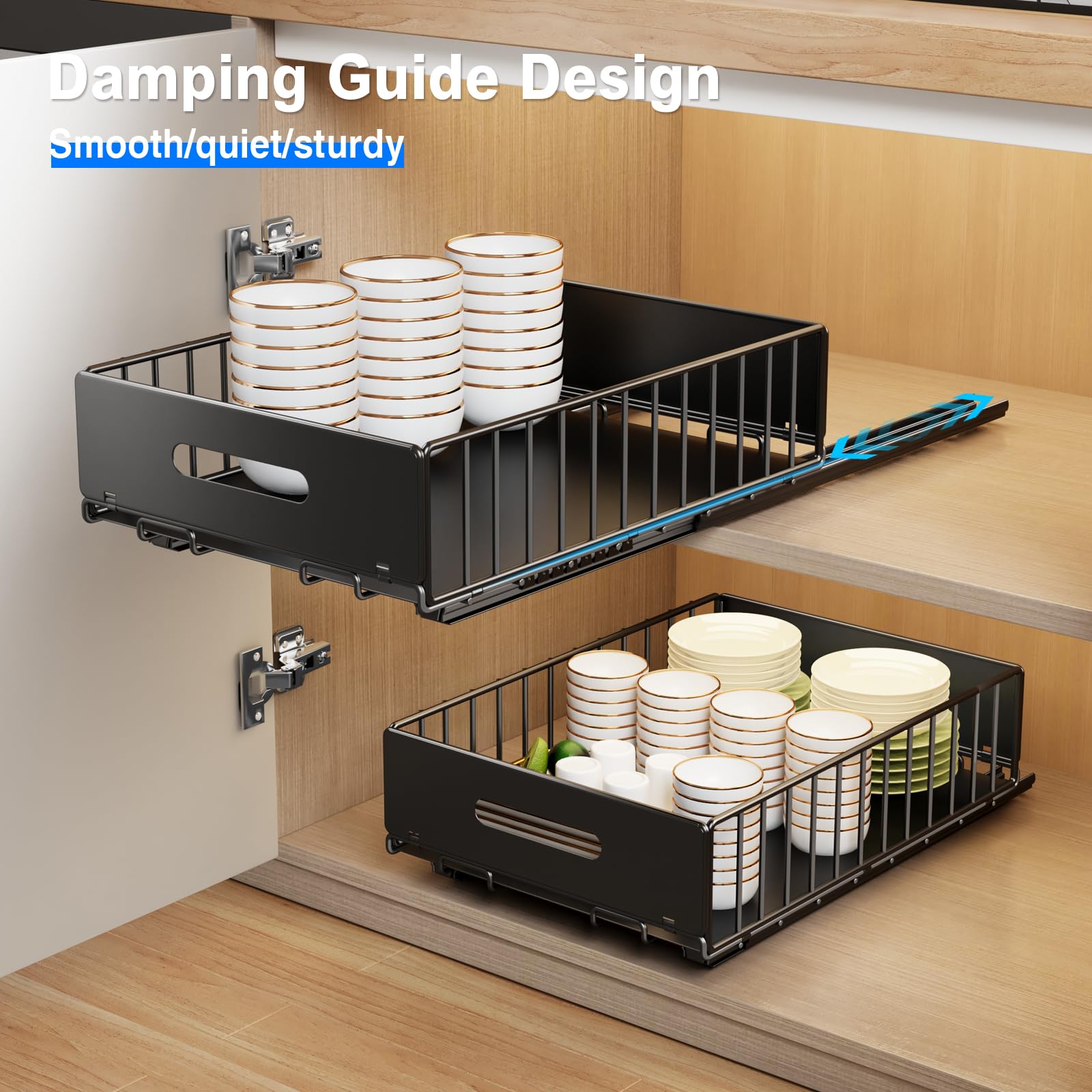 MUSTORN 2 Pack Pull Out Cabinet Organizer, Slide Out Drawers for Cabinets Peel and Stick Pull Out Drawers Heavy Duty Pull Out Shelves for Kitchen,Cupboard,Pantry,Bathroom (16.5"D*11.8"W*3.94"H-Black)