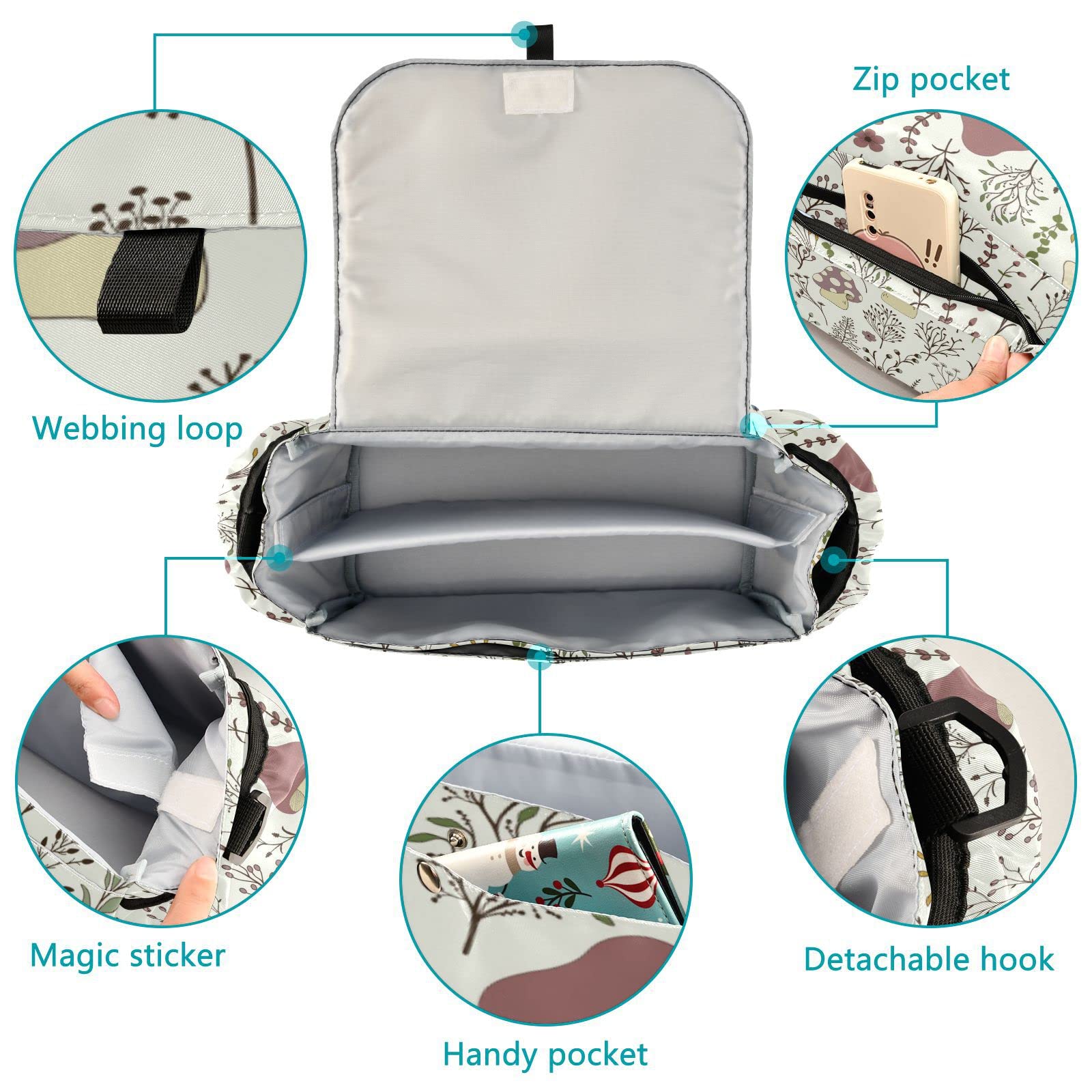 Kigai Mushroom Twig Baby Stroller Organizer with Cup Holders, Secure Hooks Accessories Adjustable Strap Stroller Bag for Bottle, Diaper, Phone, Toys, Baby Items