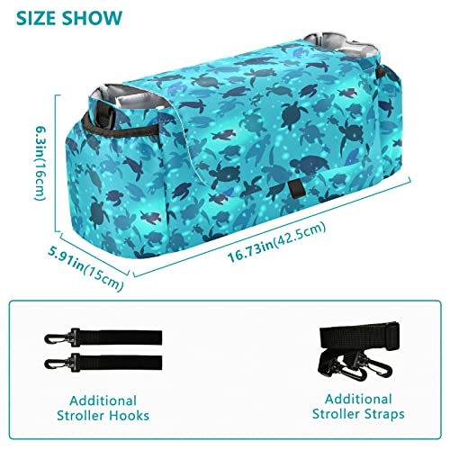 Kigai Sea Turtle Baby Stroller Organizer with Cup Holders, Secure Hooks Accessories Adjustable Strap Stroller Bag for Bottle, Diaper, Phone, Toys, Baby Items