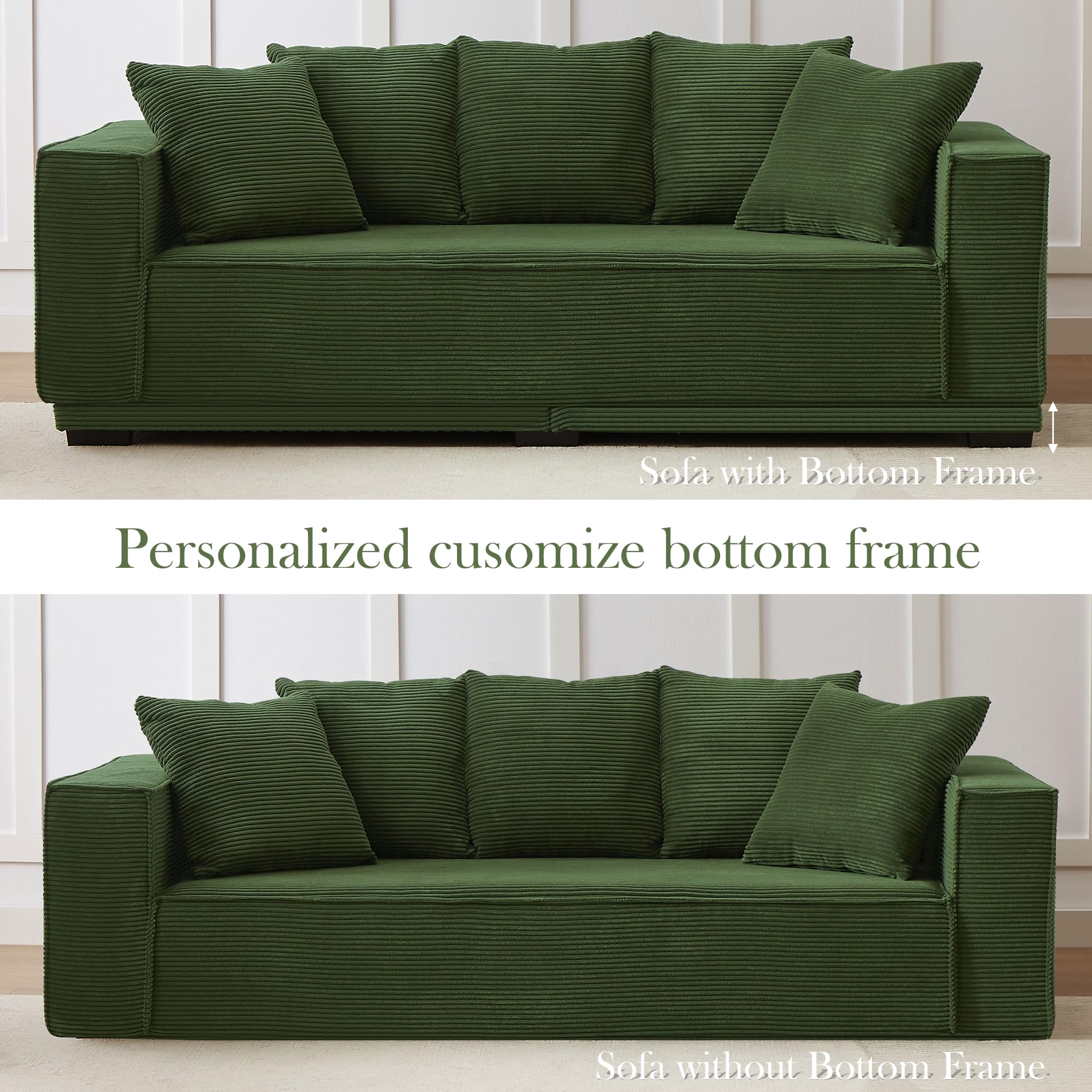 Quenvo Corduroy Sofa Couch for Living Room, Modern 3 Seater Modular Sectional Sofa with 5 Sofa Pillows, Comfy Deep Seat Sofa with Wide Armrest for Apartment Lounge, 89 Inch, Green