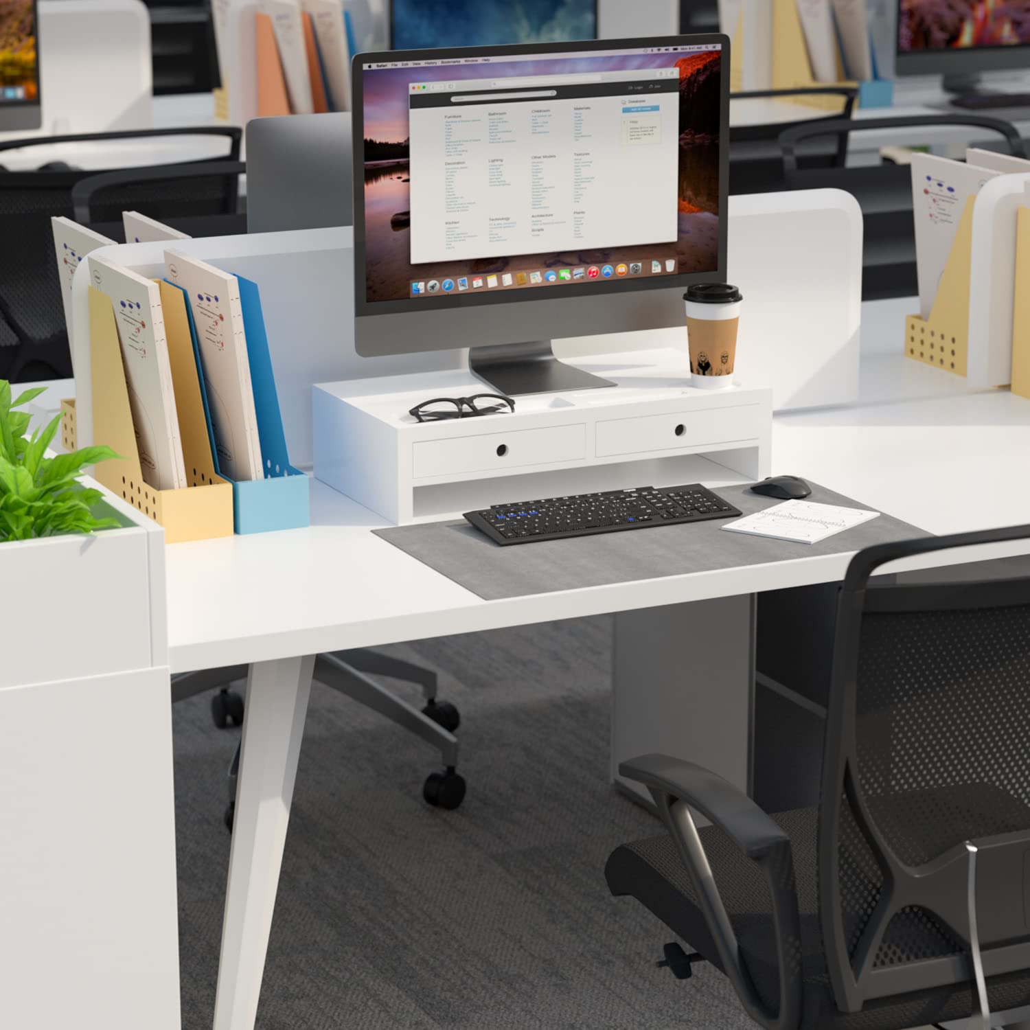 Monitor Stand Riser with Drawer - White Laptop Stand, Bamboo Desktop Shelf Organizer for Computer, TV, Printer, Office Supplies & Accessories with Phone Holder & Cups Slot, No Assembly Needed
