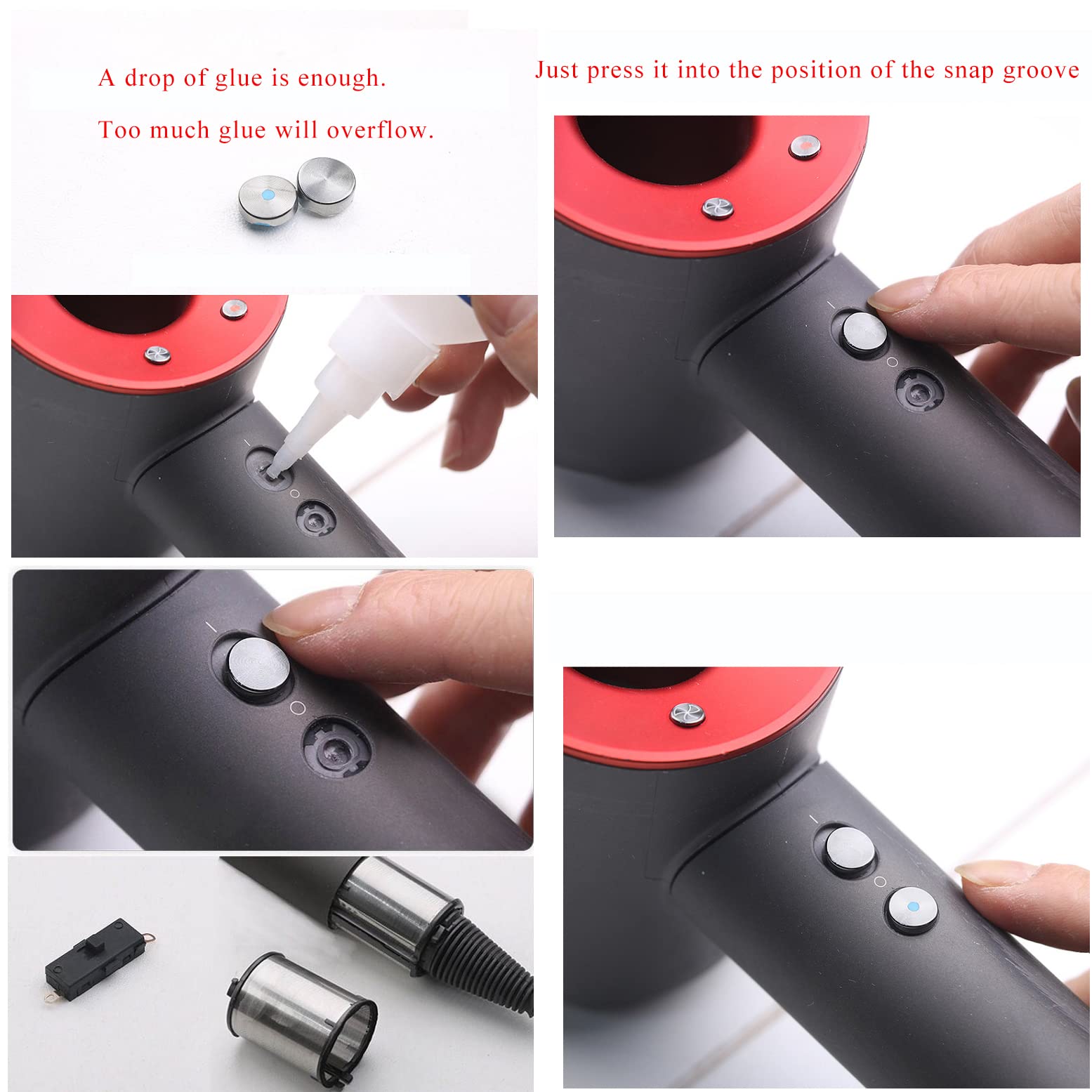 Lveofielygi 4Pcs Replacement Switch Buttons Compatible with Dyson Hair Dryer HD01 HD02, HD03, HD04, HD08, Control Buttons Repair Accessories Parts