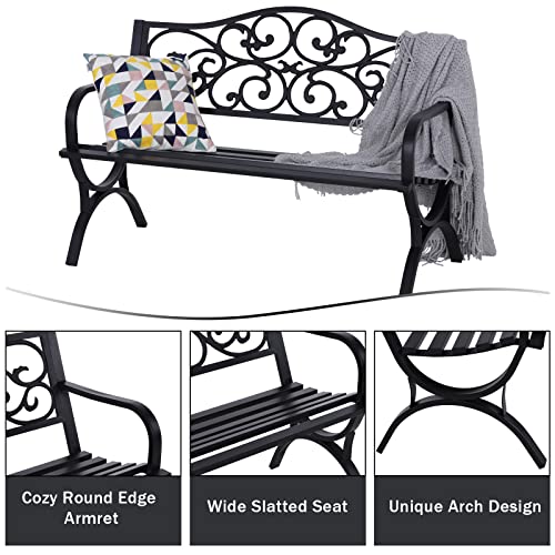 MFSTUDIO 50 Inches Outdoor Garden Bench,Cast Iron Metal Frame Patio Park Bench with Floral Pattern Backrest,Arch Legs for Porch,Lawn,Garden,Yard(Black)