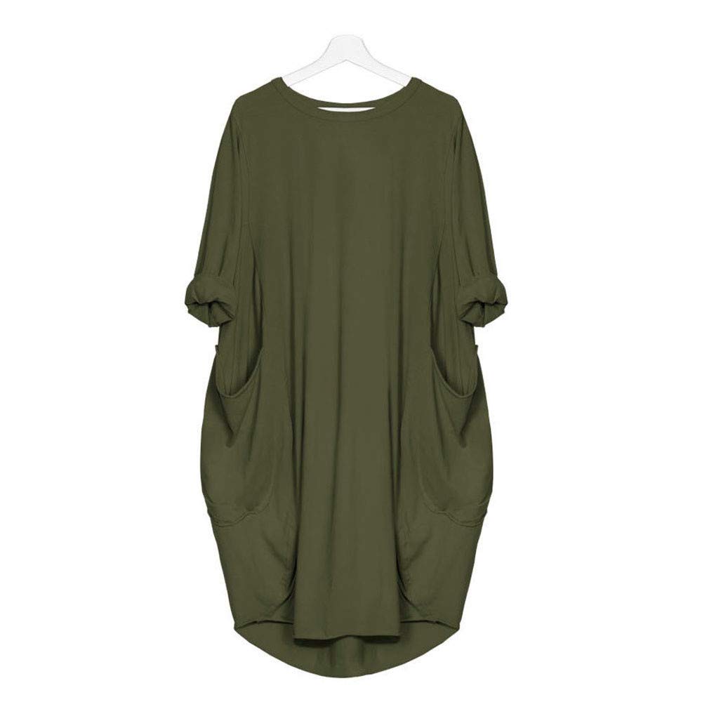 Hotkey Women's Autumn Winter New Loose Letter Print Long Sleeve Pocket Pullover Keen Length Dress Army Green