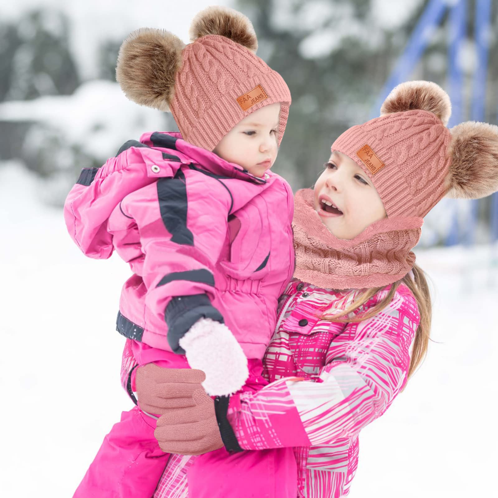 Kids Winter Beanie Hat Scarf Gloves Set, Toddlers Knit Winter Warm Double Pompom Cap Scarf Gloves for 1-5 Years Old (Pink)