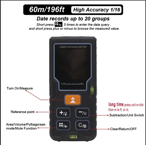 Laser Measurement Tool 196ft/60m Laser Tape Measure Laser Distance Measure Laser Measuring Tape Laser Distance Meter Laser Measuring Device Range Finder Digital Tape Measure with Laser
