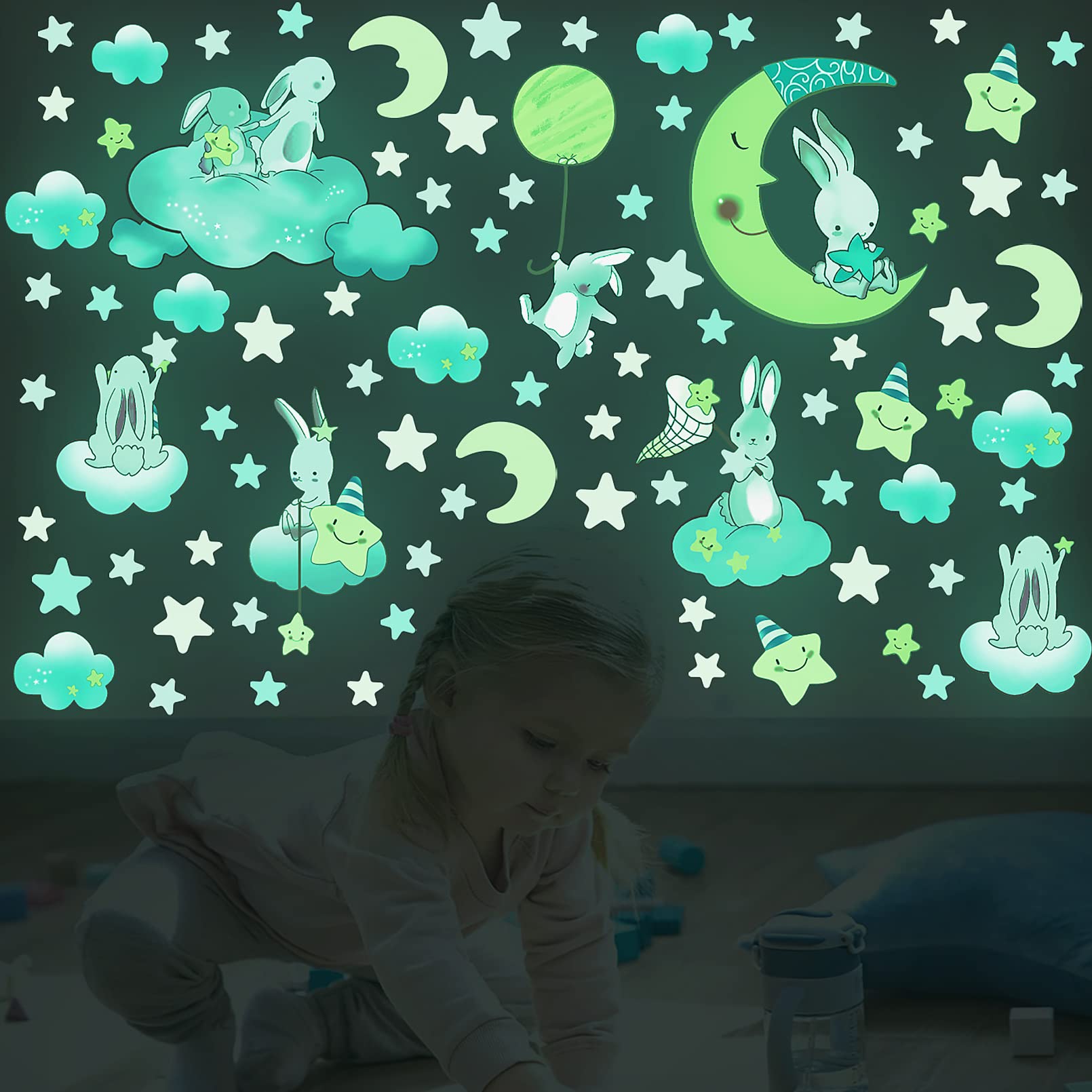MESU Glow in The Dark Wall Decals Luminous Moon Stars Stickers Rabbit for Kids Bedroom Ceiling Decorate Starry Sky Star Rabbit