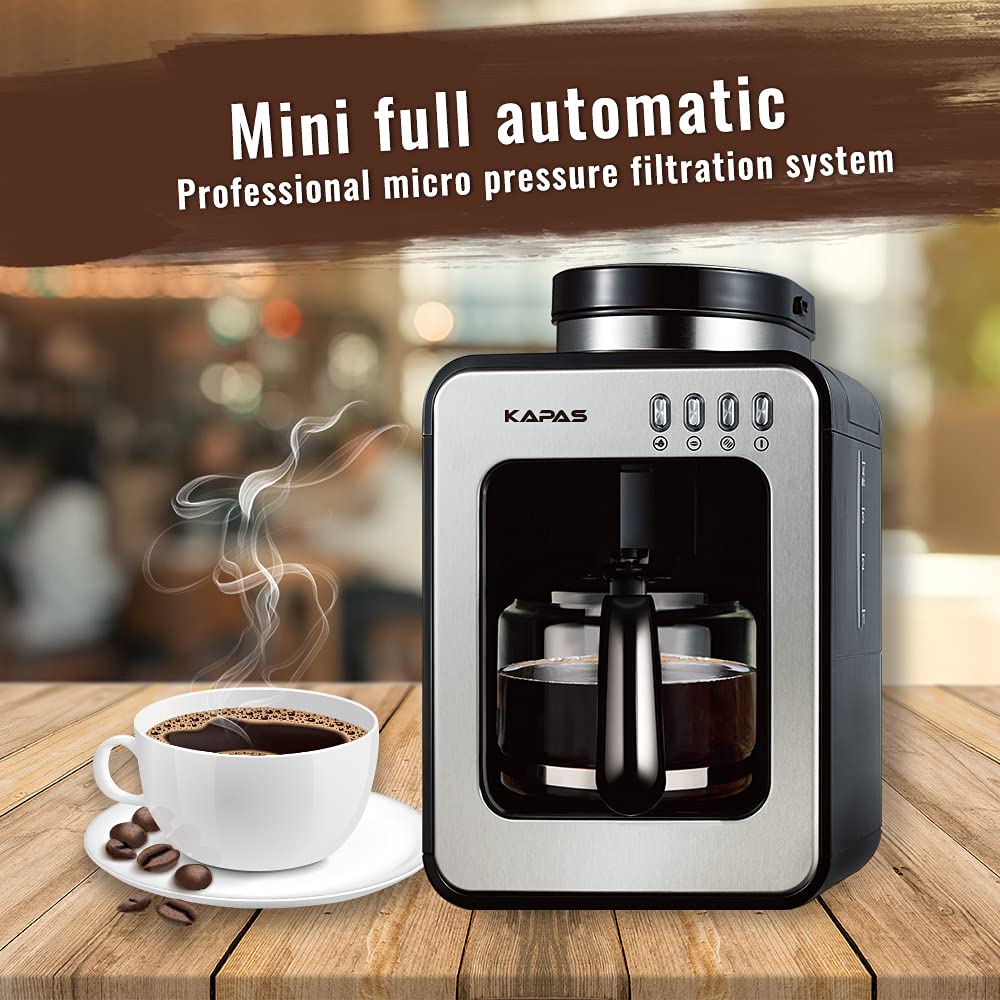 KAPAS Mini Automatic Coffee Machine With Grinding Function, Programmable Timer Mode and Keep Warm Plate, 0.6L Capacity, 600W