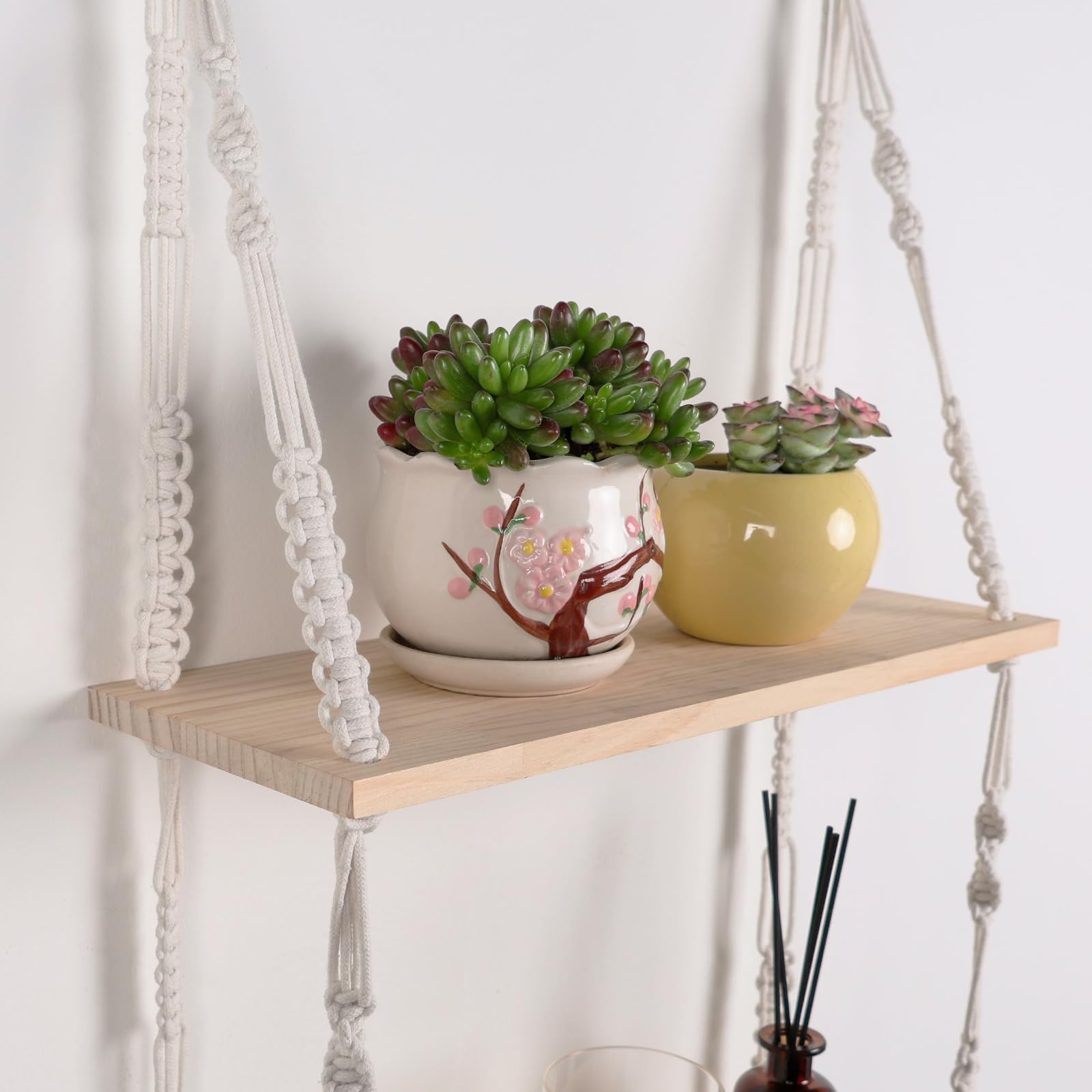 SNUGBLAKI Hanging Shelves for Wall Floating Shelves,Boho Macrame Hanging Shelves with Swing Rope,Farmhouse Rustic Wood Hanging Shelves,Rope Wall Display Shelves for Bedroom,Living Room, Bathroom