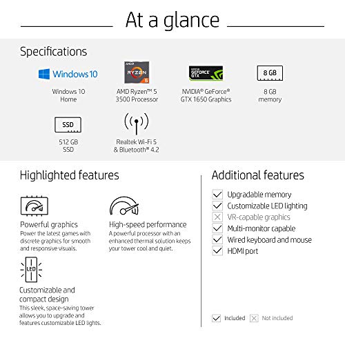 HP Pavilion Gaming Desktop Computer, AMD Ryzen 5 3500 Processor, NVIDIA GeForce GTX 1650 4 GB, 8 GB RAM, 512 GB SSD, Windows 10 Home (TG01-0030, Black)