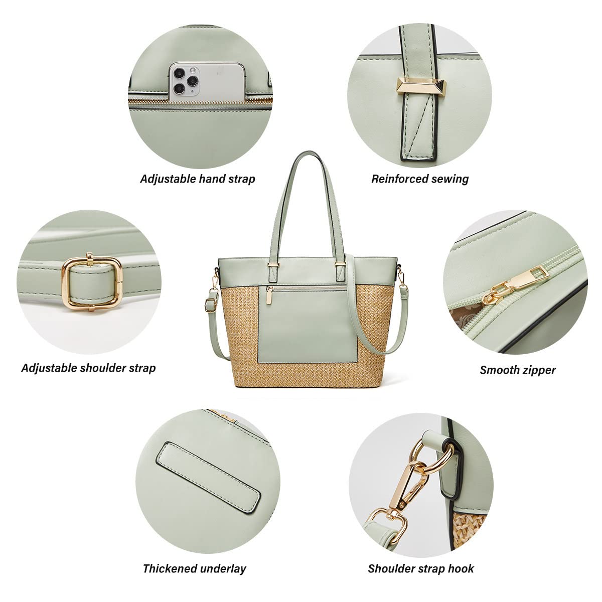 LMKIDS Women's Soft Artificial Leather Straw Woven Handbag, Shoulder Bag, Large Capacity Tassel Handbag. (Green)