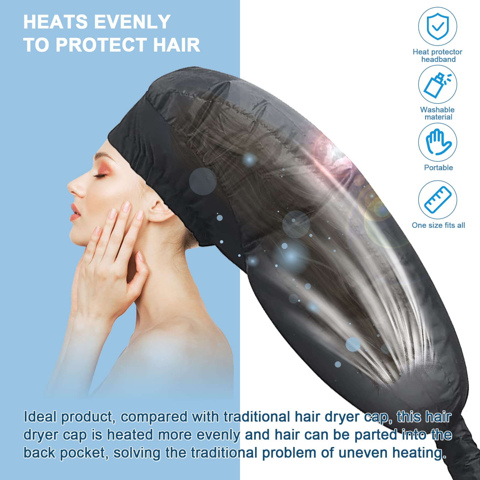 LYHZLBAY Black Extra Large Soft Hair Dryer Cap, Fast Drying, Ideal for Travel, Stretchy Hoses up to 39.37 inches