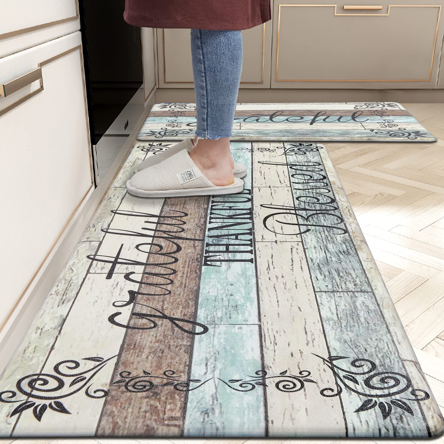 HEBE Anti Fatigue Kitchen Mat Set of 2 Non Slip Cushioned Kitchen Mats for Floor Waterproof Farmhouse Kitchen Rugs and Mats Set Comfort Standing Desk Mat Carpet for Sink,Office,Laundry