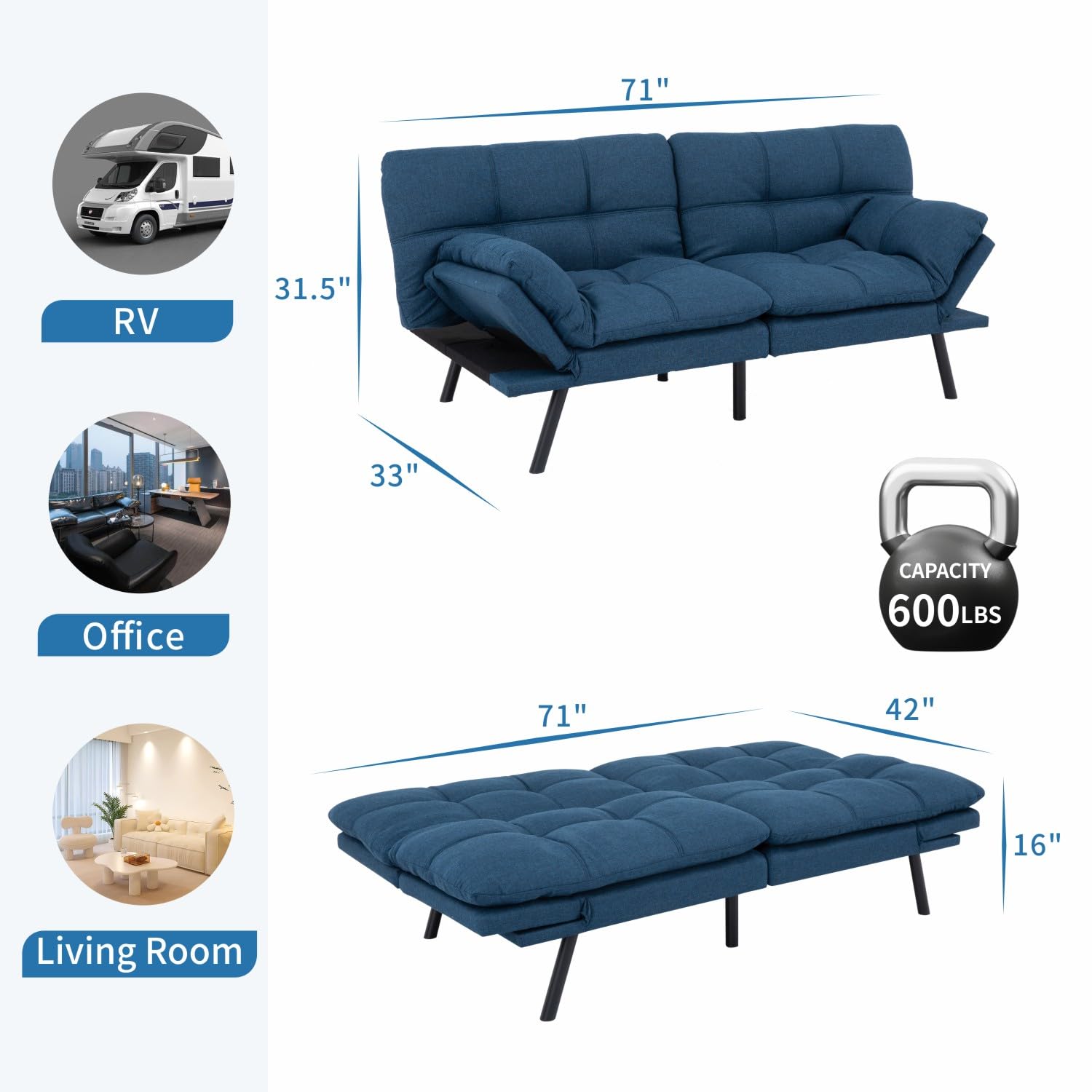 MUUEGM Futon Couch Convertible Memory Foam Sleeper Futon Sofa Bed, Adjustable Backrest Armrest Folding Futon, Modern Fabric Sofa Bed for Living Room, Apartment, Office, Small Room, 71β Blue