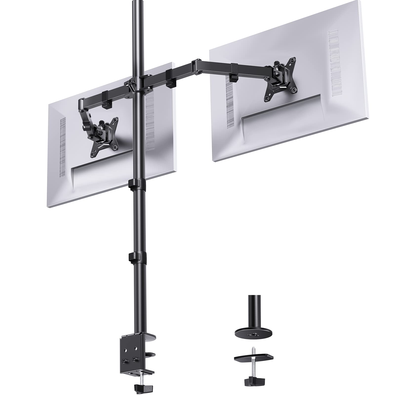 HUANUO Dual Monitor Stand with Extra Tall Pole 32 Inch, Fully Adjustable Monitor Mount, C Clamp & Grommet Mounting Base