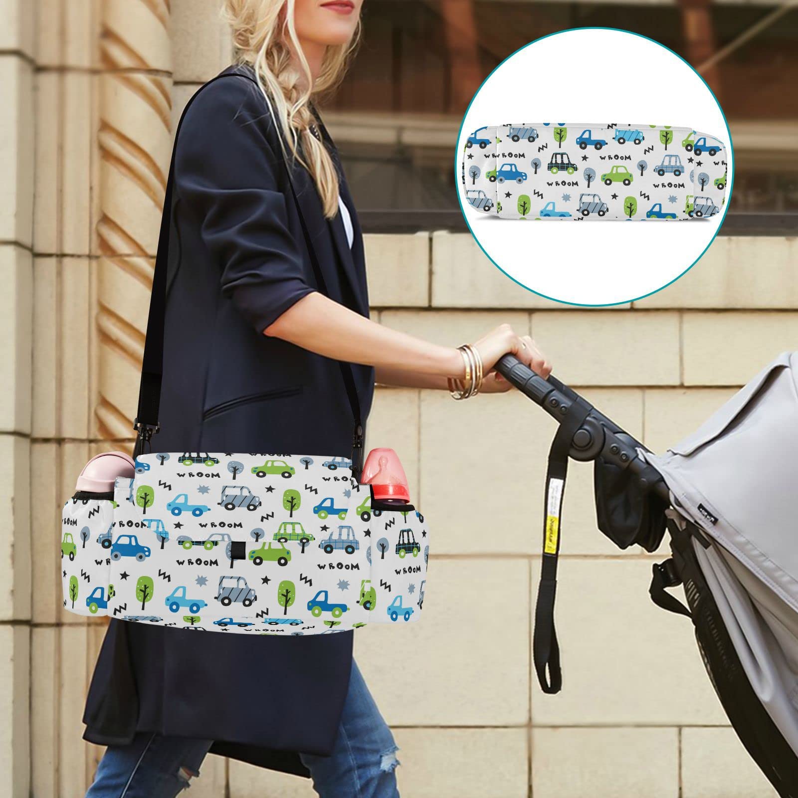 Kigai Cartoon Cars Baby Stroller Organizer with Cup Holders, Secure Hooks Accessories Adjustable Strap Stroller Bag for Bottle, Diaper, Phone, Toys, Baby Items