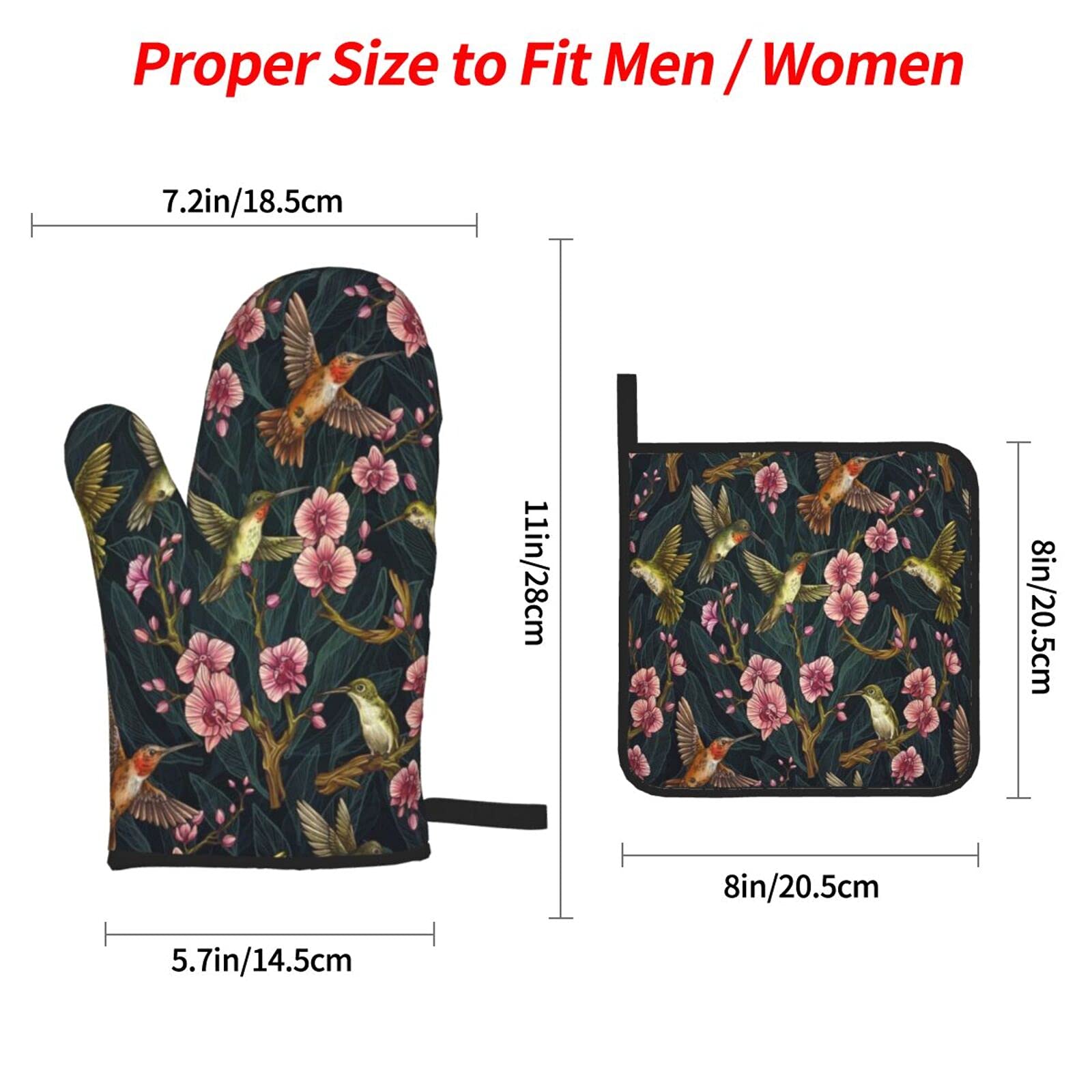 Hummingbird Flower Oven Mitts and Pot Holders Cute Heat Resistant Kitchen Set Microwave Golves and Hot Pads for Safe Cooking Baking Grilling BBQ