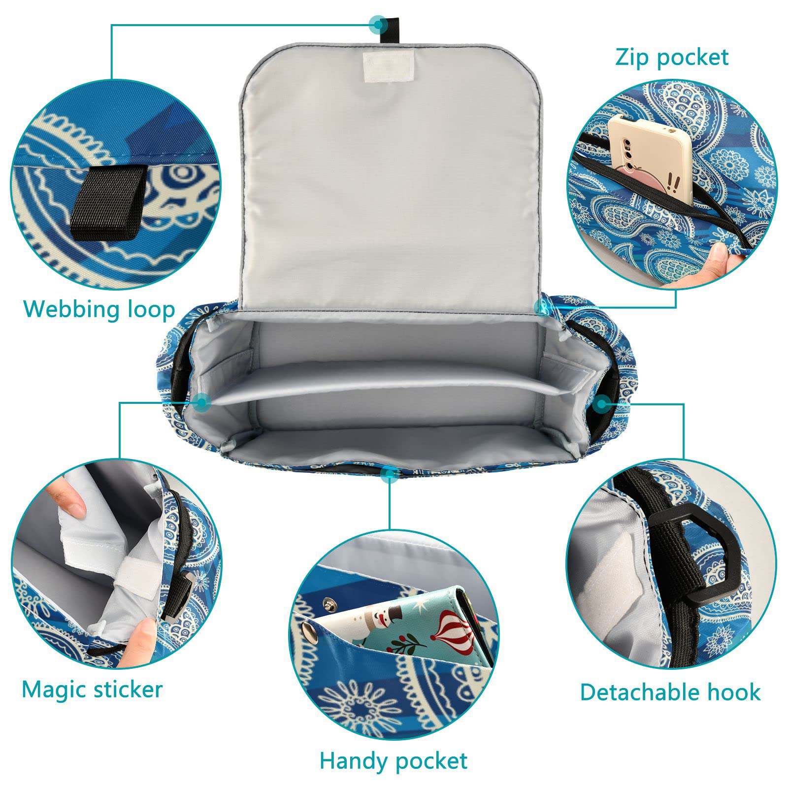 Kigai Paisley Baby Stroller Organizer with Cup Holders, Secure Hooks Accessories Adjustable Strap Stroller Bag for Bottle, Diaper, Phone, Toys, Baby Items