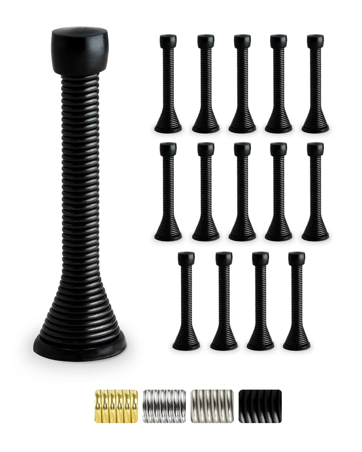 Jack N’ Drill Door Stopper (15 Pack) - 3⅛” Light Duty Spring Door Stop with Flexible Spring and Non-Marking Tip, Door Stops with Finishes to Match Every Home and Office