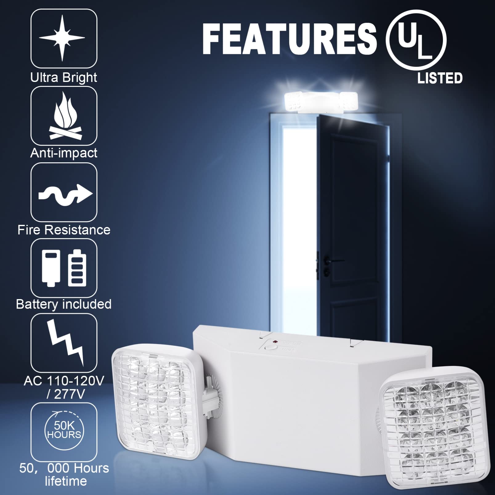 MAVARO White LED Emergency Lighting Fixture with 2 LED Heads and Hardwired Adjustable Exit Light Exit Sign for Business/Home with Battery Backup 110-277V, UL Certified, Fire Resistant